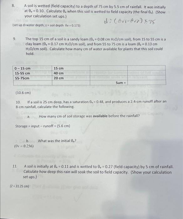 Solved 8. A soil is wetted (field capacity) to a depth of 75 | Chegg.com