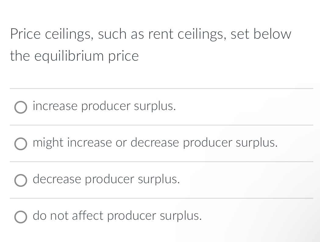 Solved Price ceilings, such as rent ceilings, set below the | Chegg.com