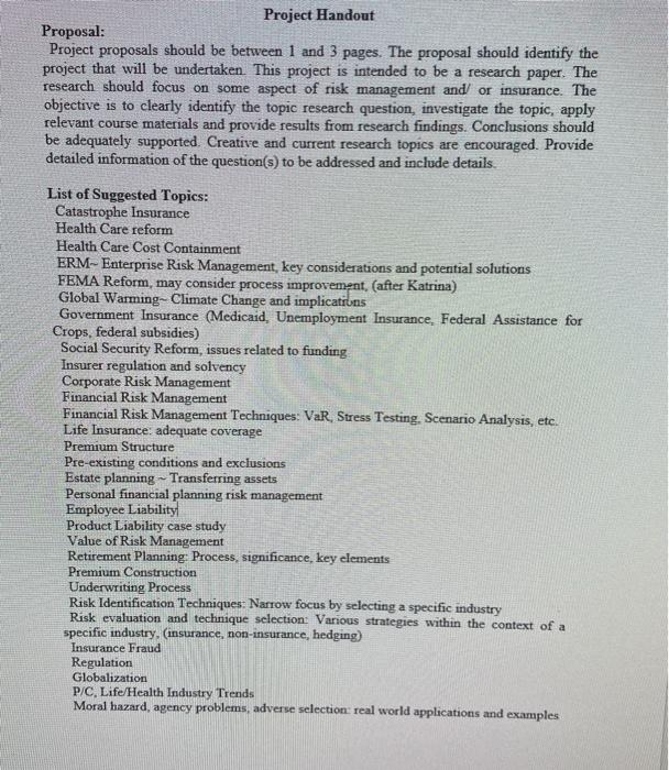 Solved Project Handout Proposal: Project proposals should be | Chegg.com