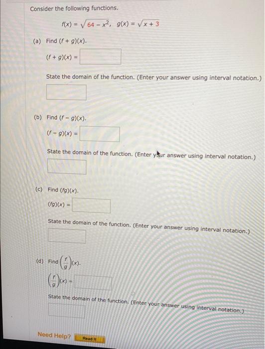 Solved Consider the following functions. f(x)=64−x2,g(x)=x+3 | Chegg.com