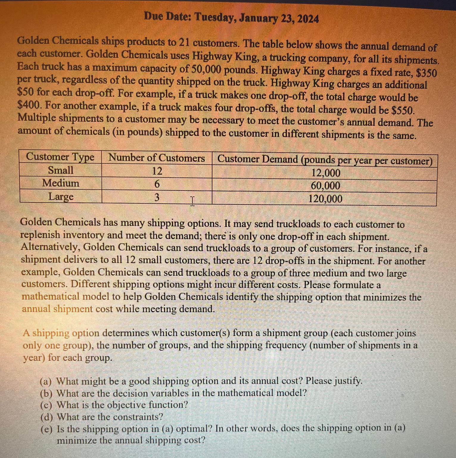 Solved Due Date: Tuesday, January 23, 2024Golden Chemicals | Chegg.com