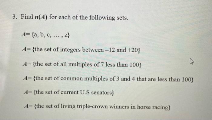 Solved 3. Find n(A) for each of the following sets. | Chegg.com