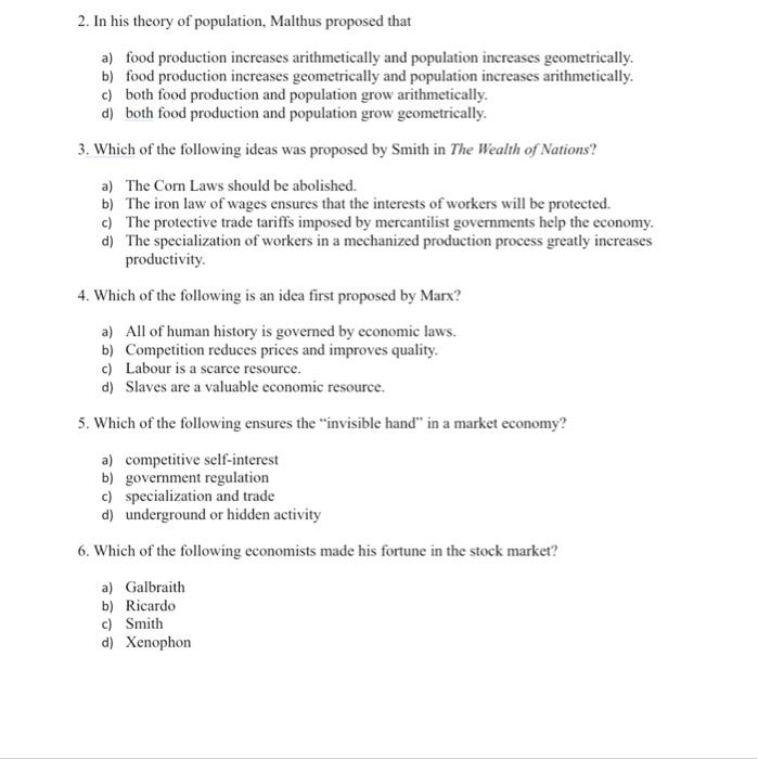 Solved 2. In his theory of population, Malthus proposed that | Chegg.com
