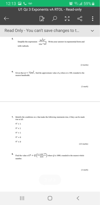 Solved 00 12:13 59% U1 Qz 3 Exponents VA RTOL - Read-only | Chegg.com