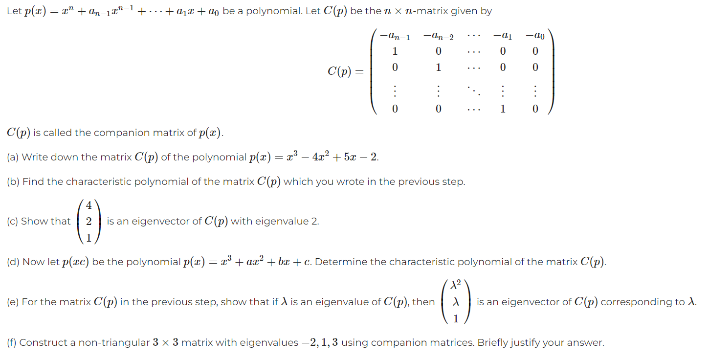 Solved (a) ﻿Write down the matrix C(p) ﻿of the polynomial | Chegg.com