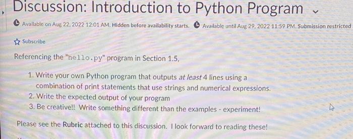 Solved Discussion: Introduction to Python Program (L) | Chegg.com