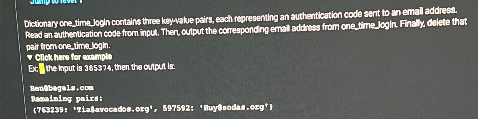 Solved Dictionary one_time_login contains three key-value | Chegg.com