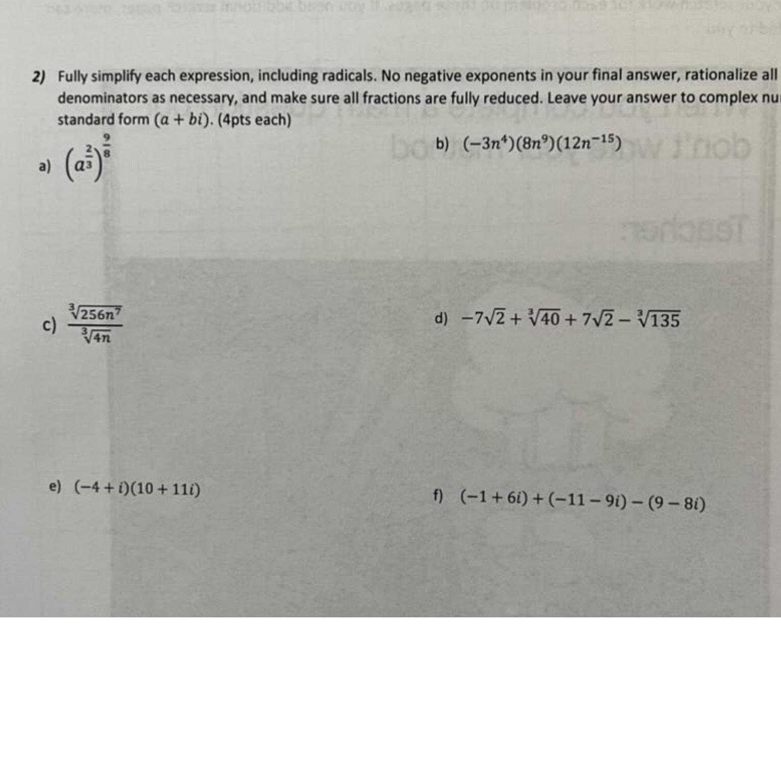 Solved Fully simplify each expression, including radicals. | Chegg.com