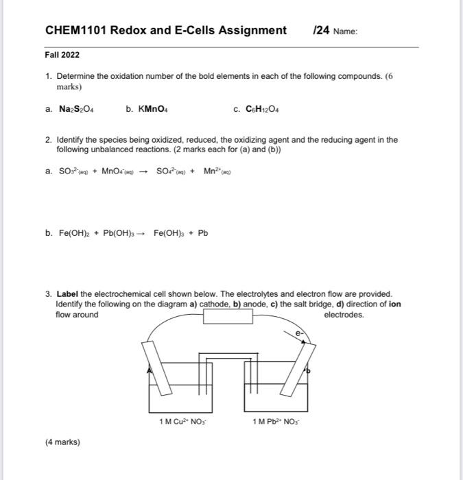 Solved 1. Determine the oxidation number of the bold | Chegg.com