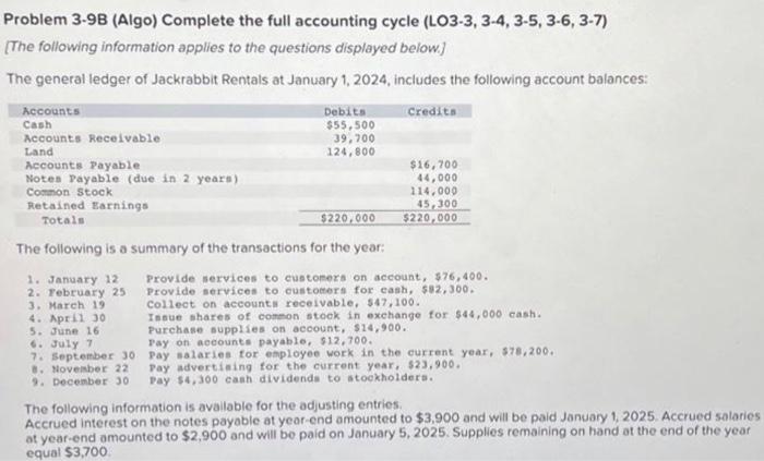Solved Problem 3-9B (Algo) Complete the full accounting | Chegg.com