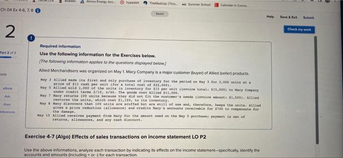 Solved Exercise 4-7 (Algo) Effects of sales transactions on | Chegg.com