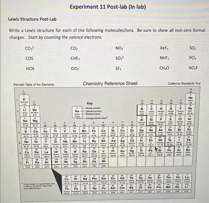 Solved Experiment 11 Post-lab (In lab) Lewis Structure | Chegg.com