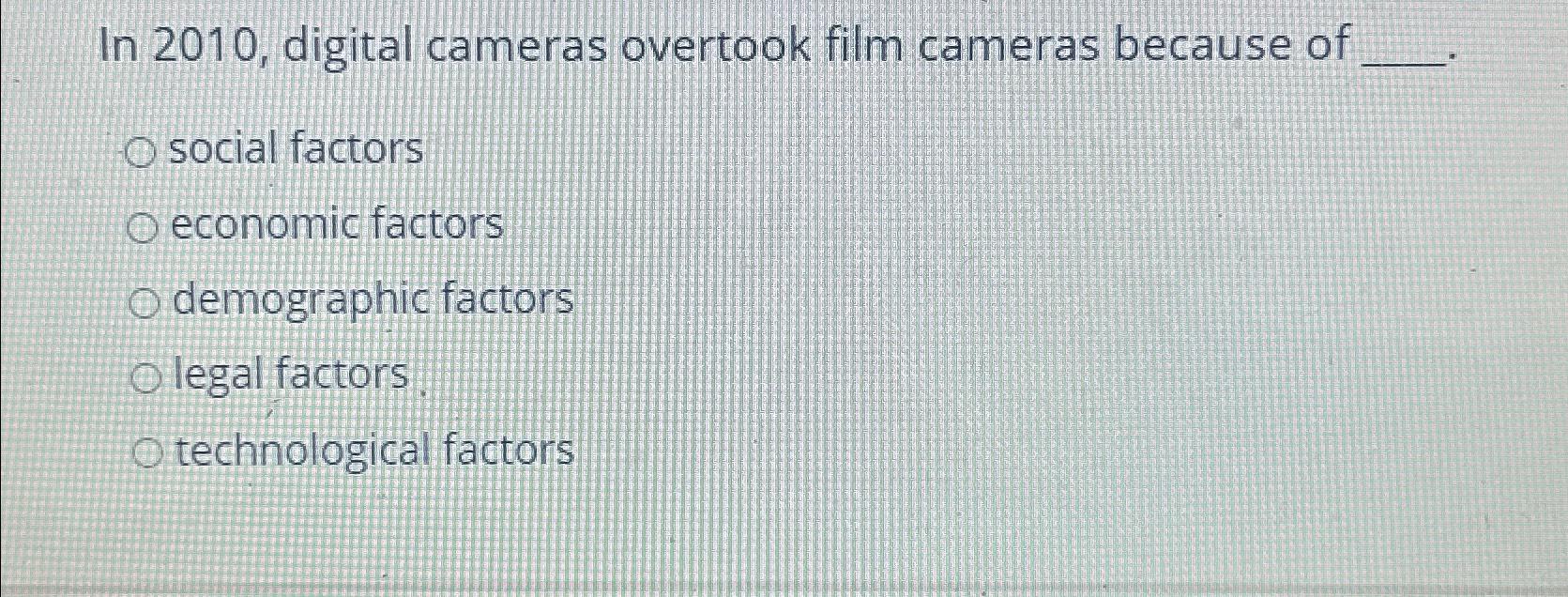 Solved In 2010 , ﻿digital cameras overtook film cameras | Chegg.com