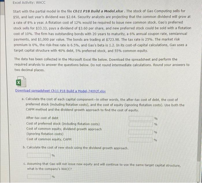 Excel Activity: WACC Start with the partial model in | Chegg.com
