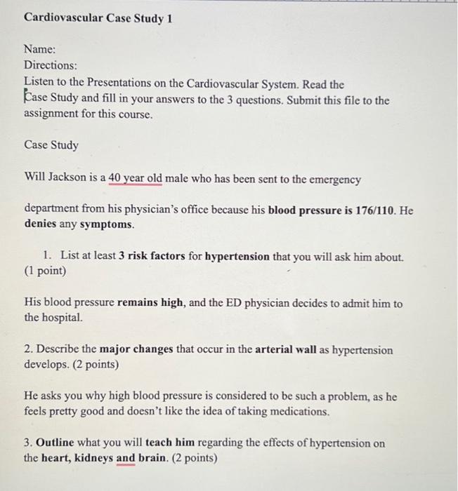 Solved Cardiovascular Case Study 1 Name: Directions: Listen | Chegg.com
