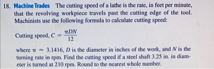 Solved a 18. Machine Trades The cutting speed of a lathe is | Chegg.com