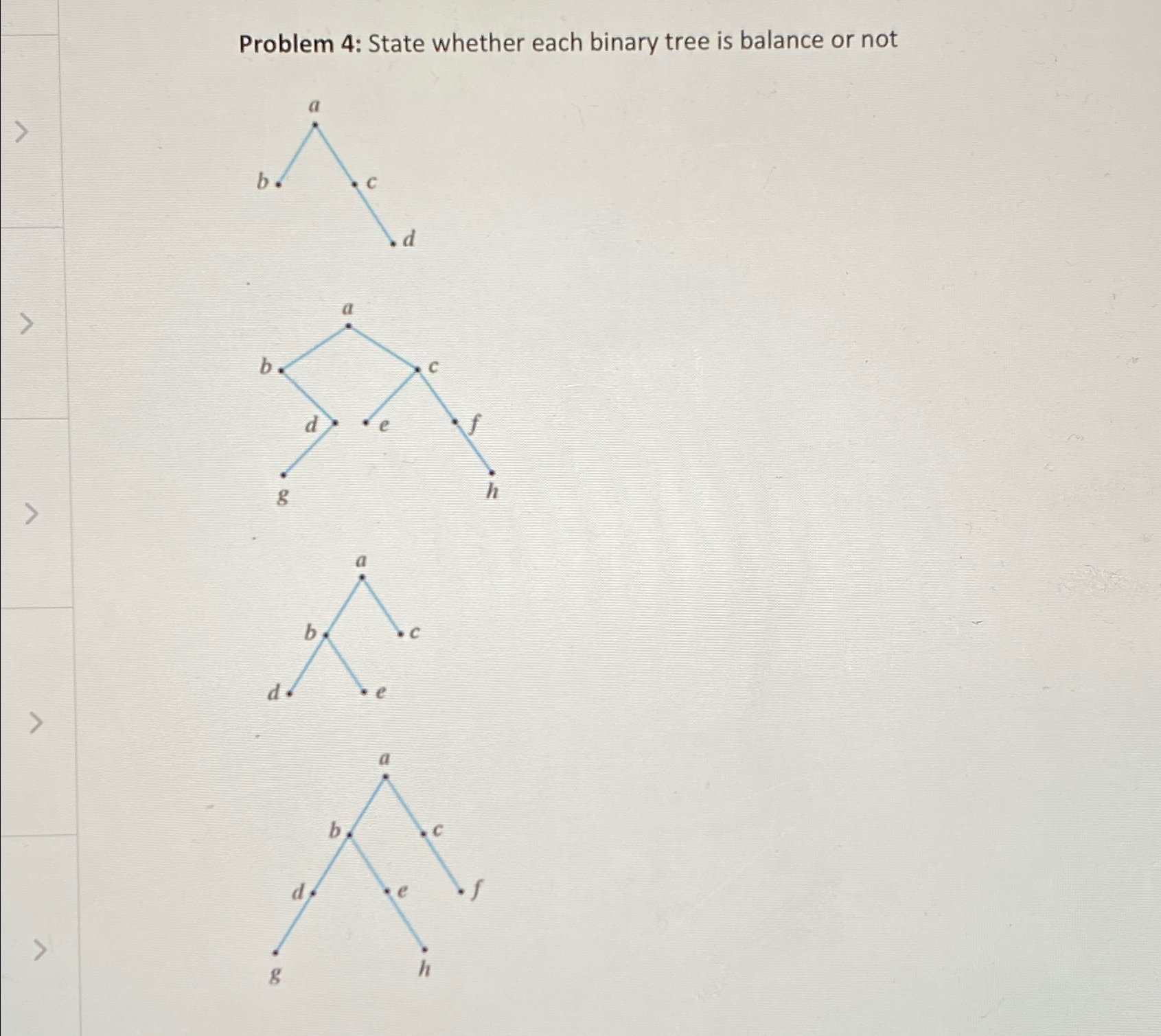 Solved Problem 4: State whether each binary tree is balance | Chegg.com
