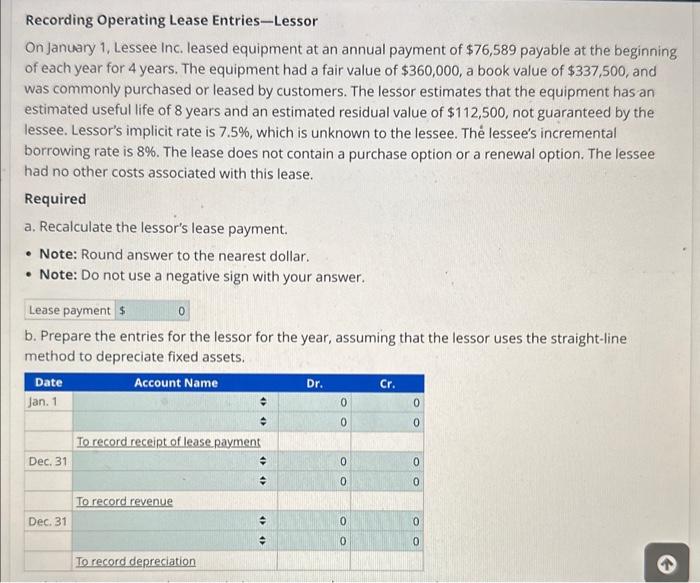Recording Operating Lease Entries-Lessor On January | Chegg.com