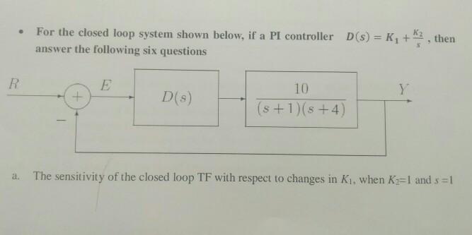Solved For the closed loop system shown below, if a PI | Chegg.com