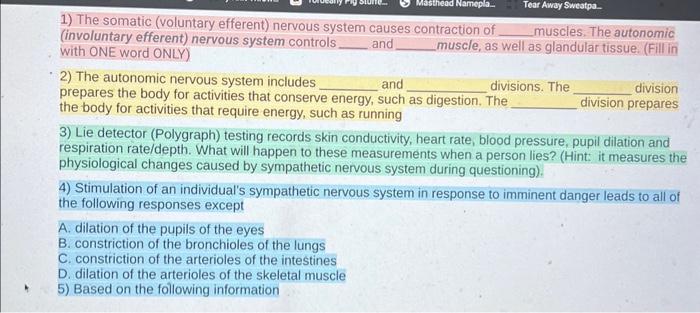 Solved 1) The somatic (voluntary efferent) nervous system | Chegg.com