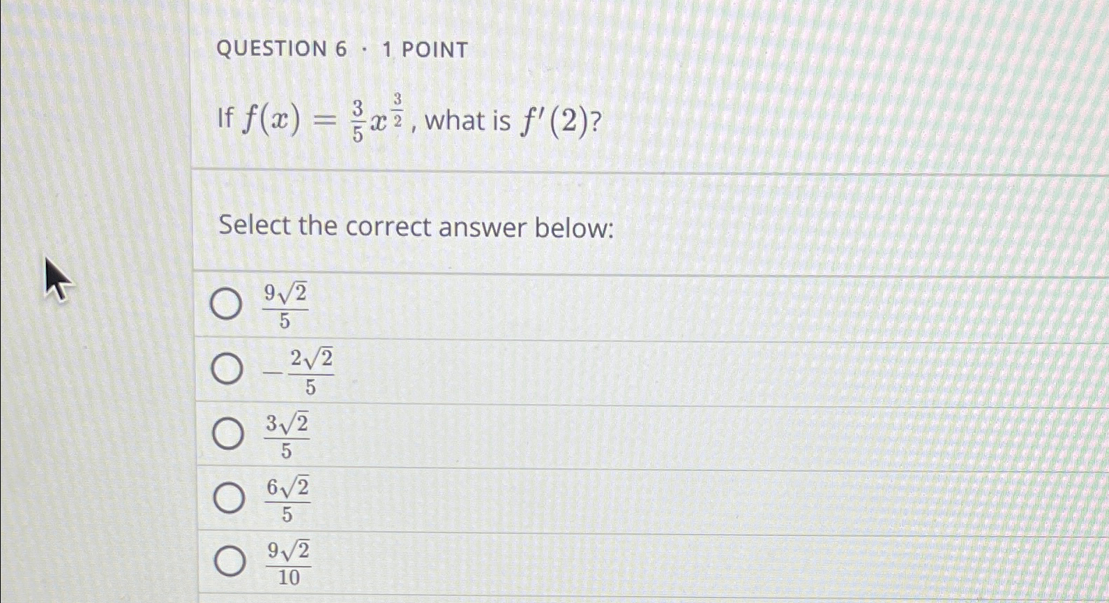 Solved QUESTION 6 - 1 ﻿POINTIf f(x)=35x32, ﻿what is | Chegg.com