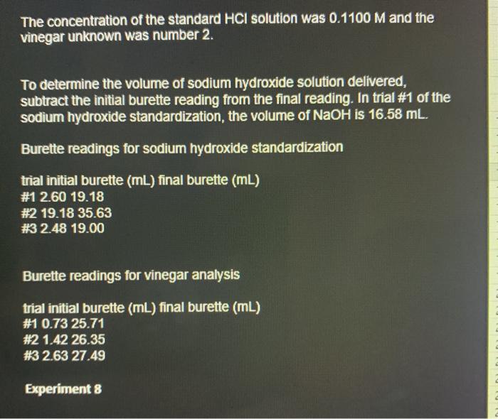 Solved The concentration of the standard HCl solution was | Chegg.com
