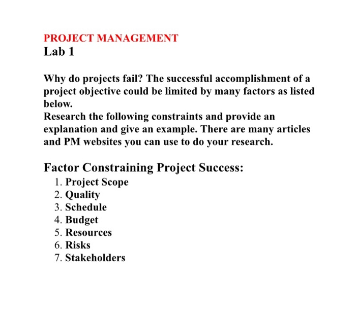 Solved PROJECT MANAGEMENT Lab 1 Why do projects fail? The | Chegg.com