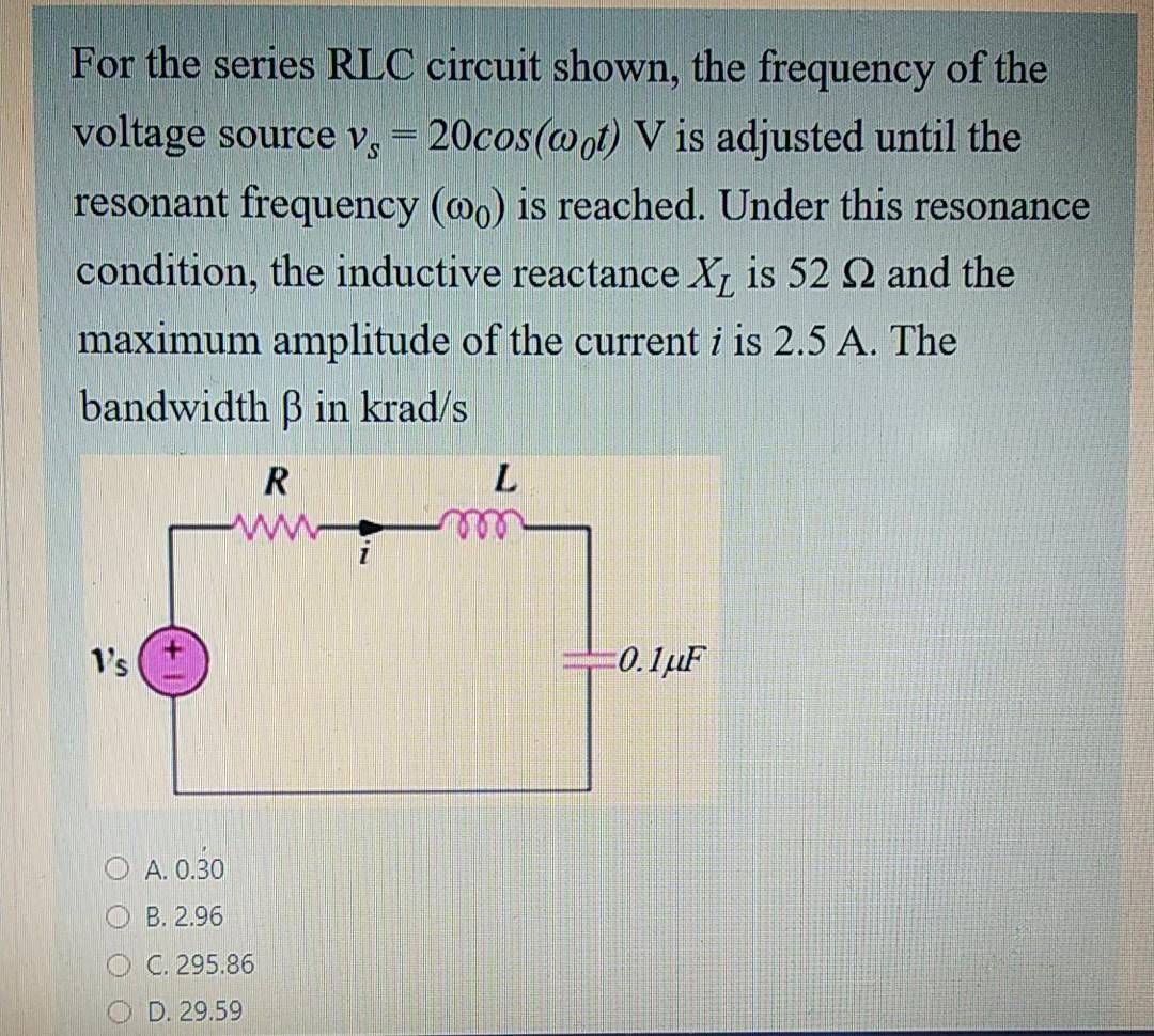 Solved For the series RLC circuit shown, the frequency of | Chegg.com