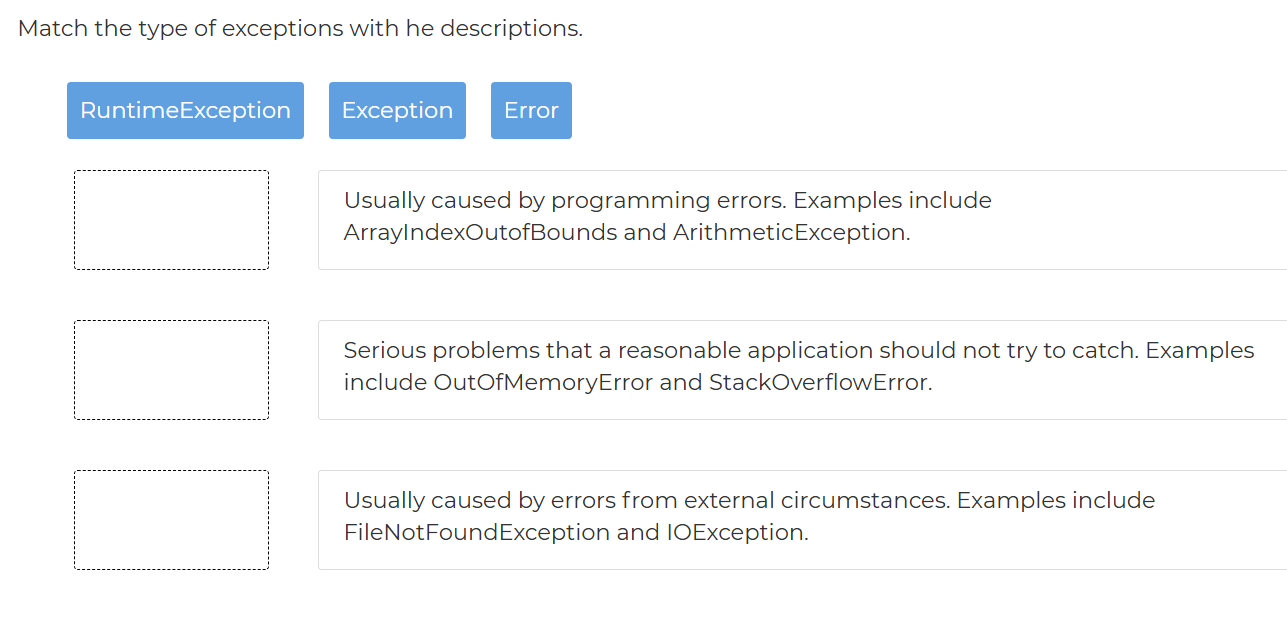 Solved Match the type of exceptions with he | Chegg.com