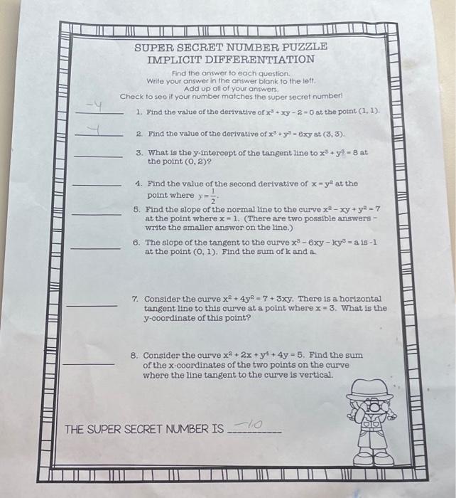 Solved SUPER SECRET NUMBER PUZZLE IMPLICIT DIFFERENTIATION | Chegg.com
