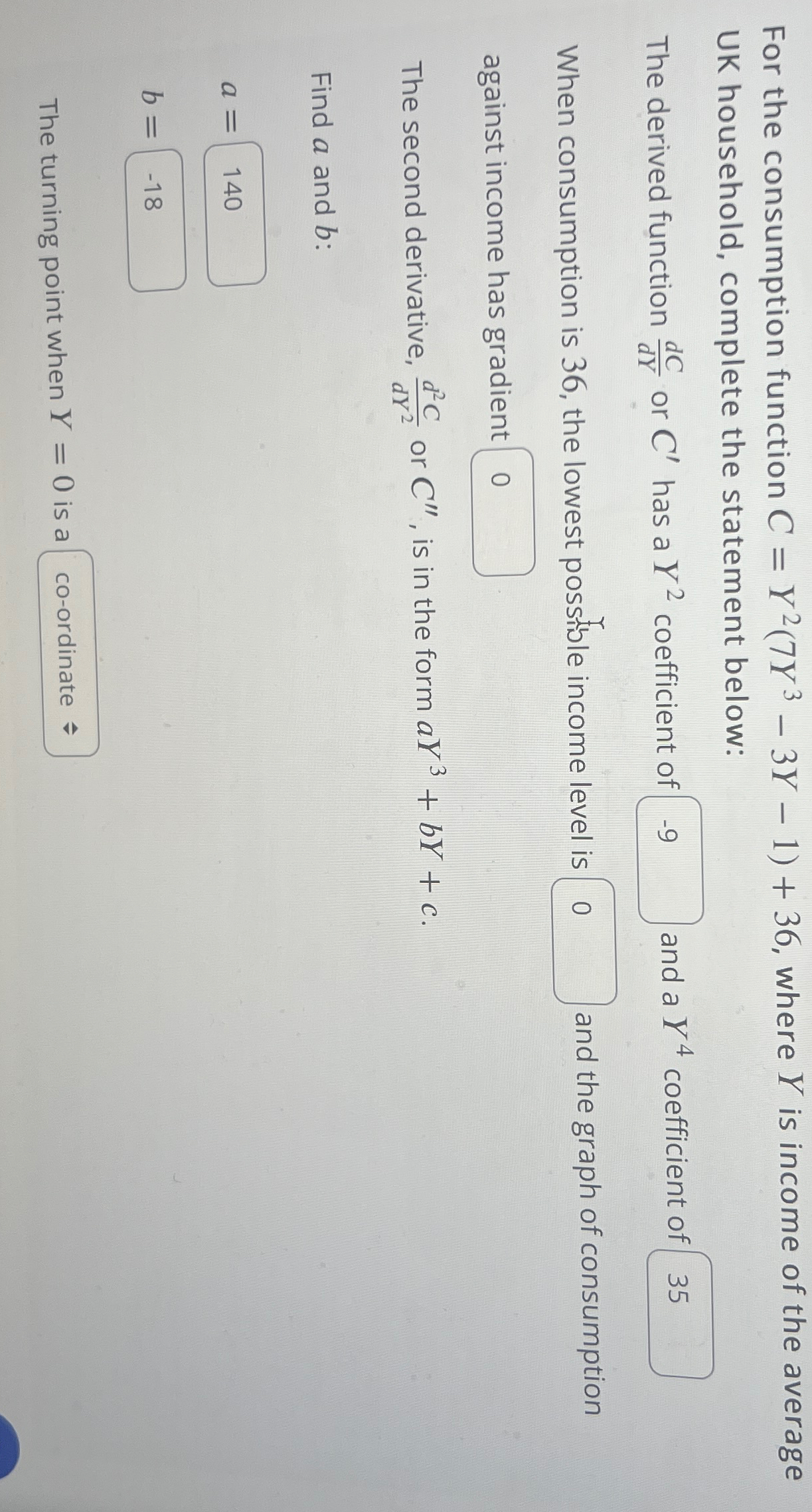 Solved For the consumption function C=Y2(7Y3-3Y-1)+36, | Chegg.com