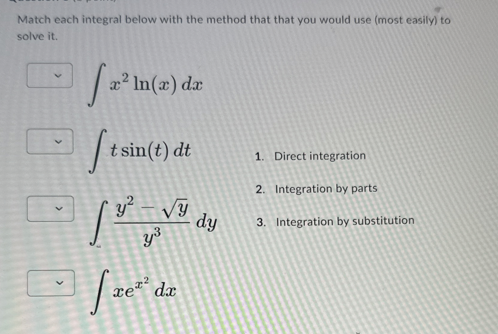 Solved Match each integral below with the method that that | Chegg.com