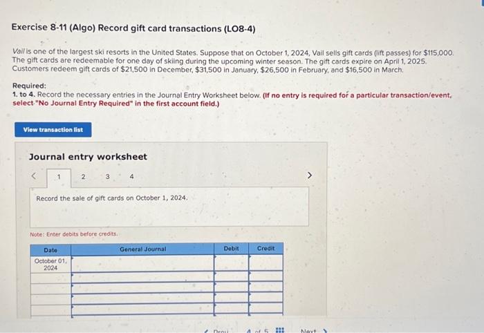 Solved Exercise 8-11 (Algo) Record gift card transactions | Chegg.com