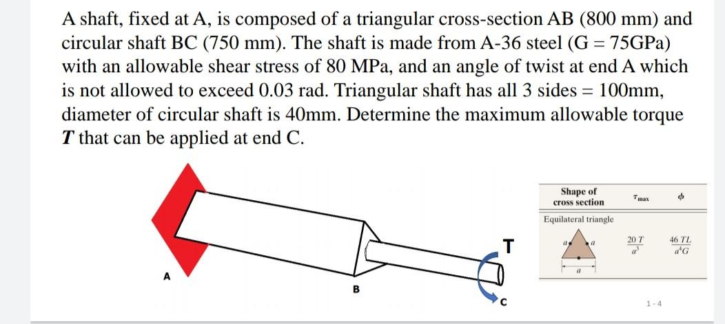 Solved = A shaft, fixed at A, is composed of a triangular | Chegg.com