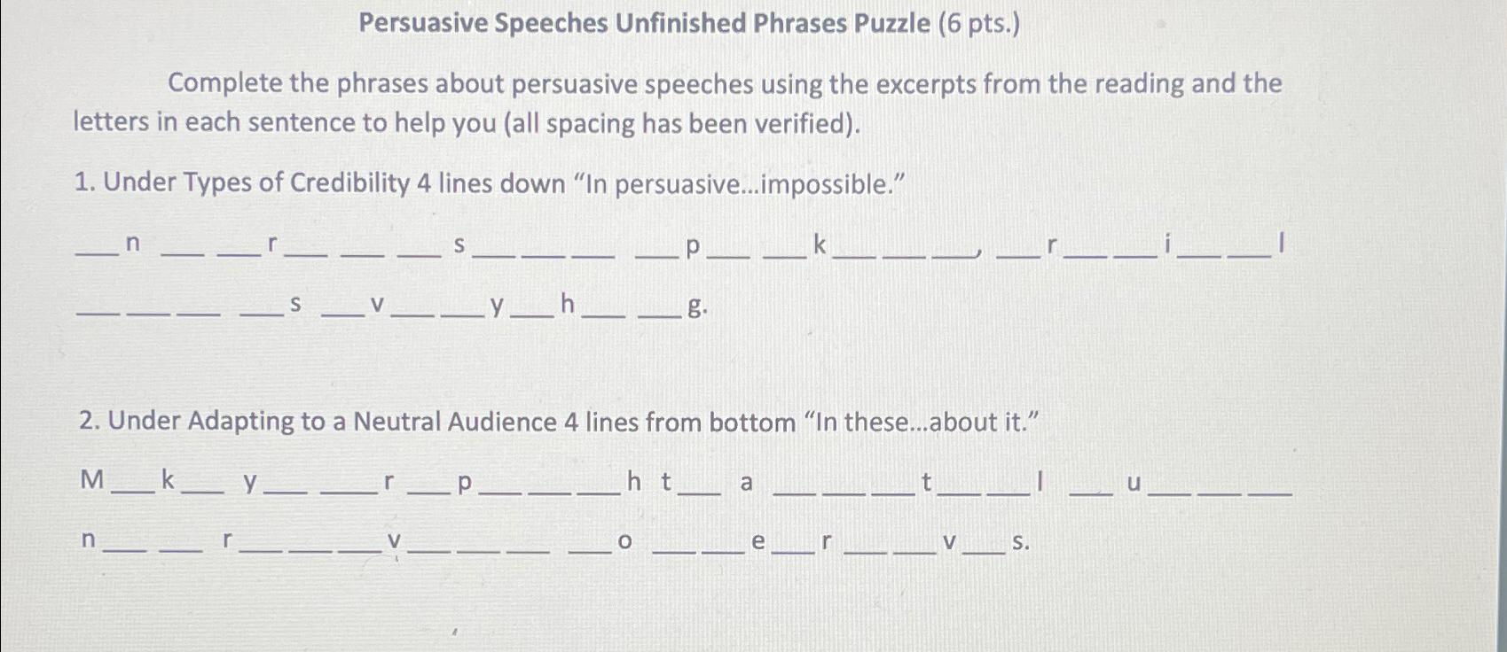 Solved Persuasive Speeches Unfinished Phrases Puzzle ( 6 | Chegg.com