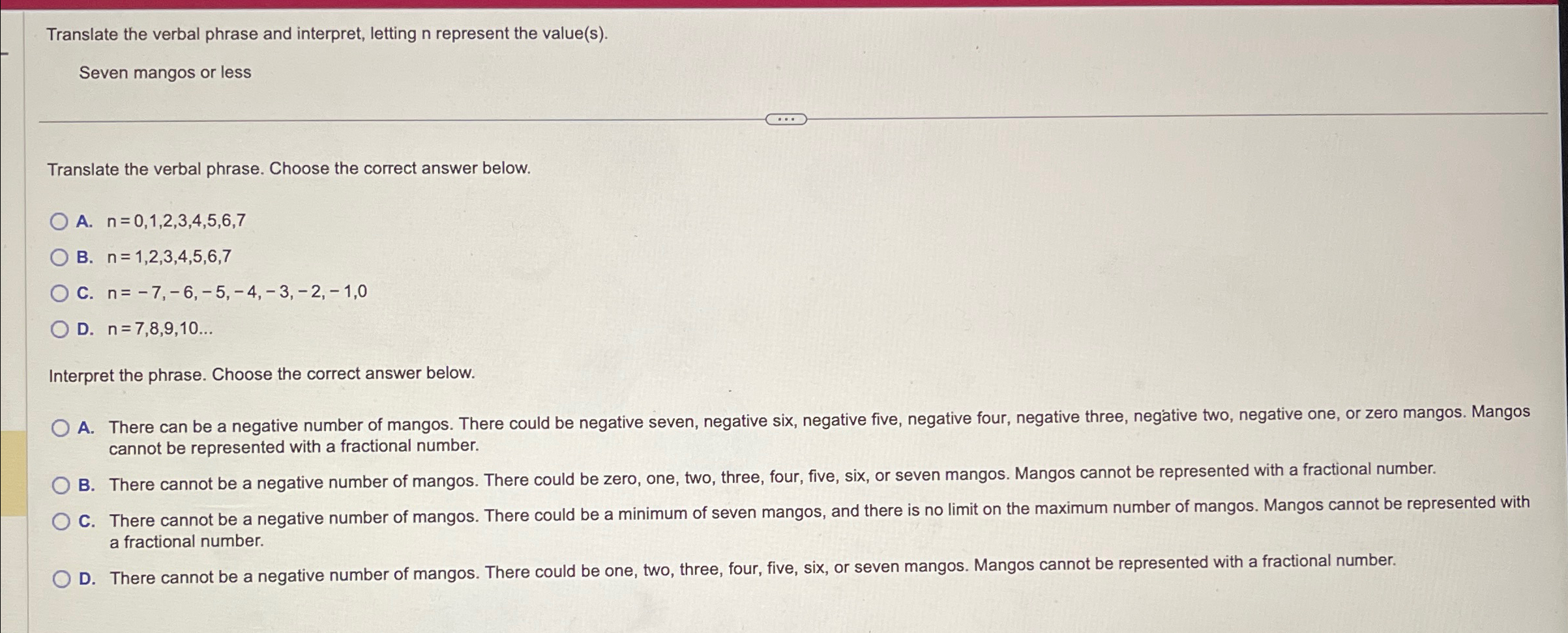 Solved Translate the verbal phrase and interpret, letting n | Chegg.com