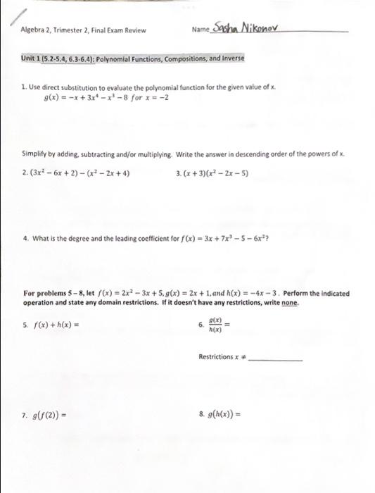 Solved Unit 1 (5.2-5.4, 6.3-6.4): Polynomial Functions, | Chegg.com