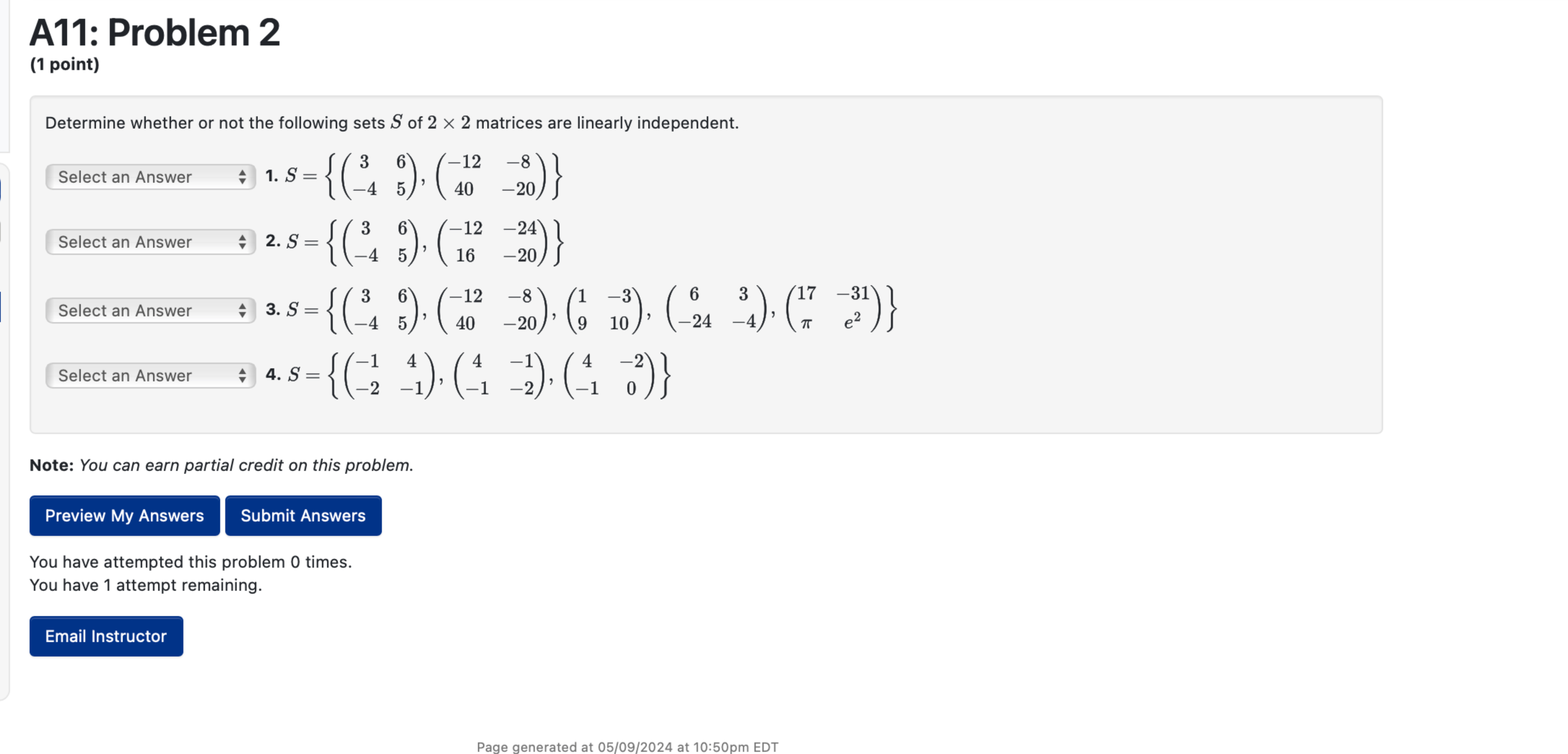 Solved (1 ﻿point)Determine whether or not the following sets | Chegg.com