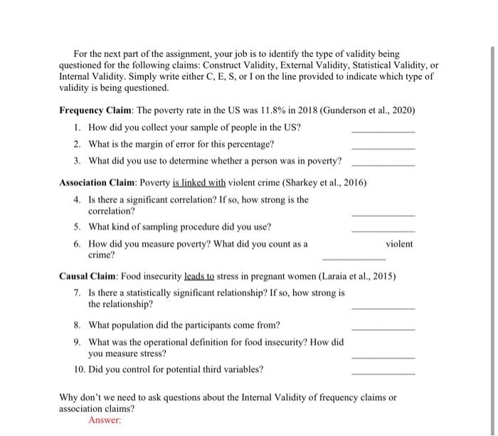 Three Claims, Four Validities Matrix Below, you will | Chegg.com