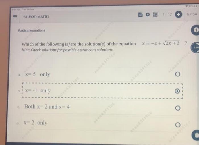 Solved 1-17 57:54 III S1-EOT-MAT61 Radical equations Which | Chegg.com