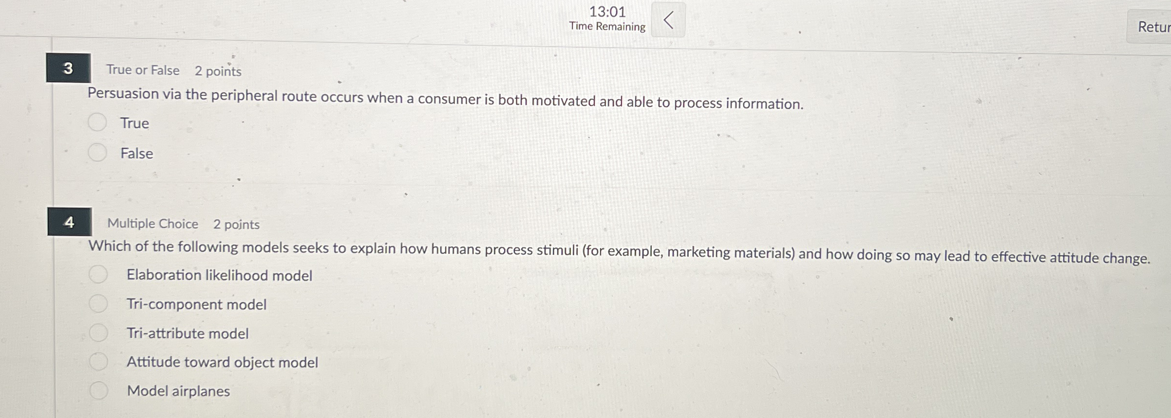 Solved 13:01Time RemainingReturTrue or False 2 | Chegg.com