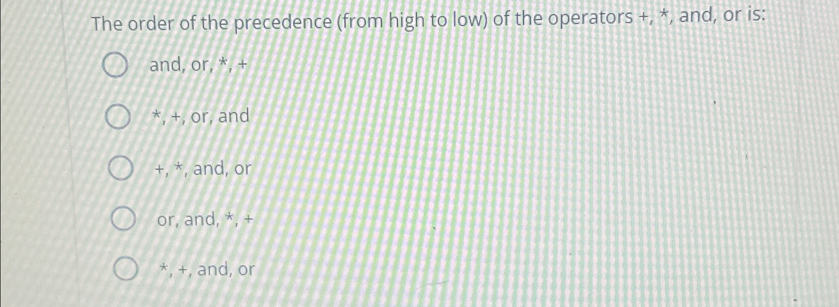 Solved The order of the precedence (from high to low) ﻿of | Chegg.com