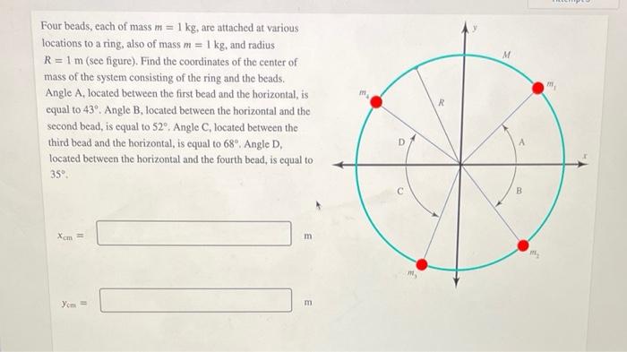 Solved M Four beads, each of mass m = 1 kg, are attached at | Chegg.com
