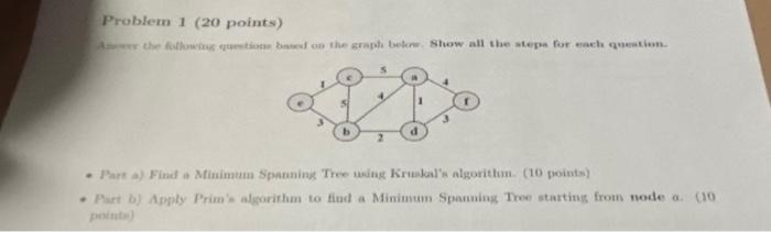 Solved Problem 1 (20 points) Part a) Find o Minimum Spanning | Chegg.com