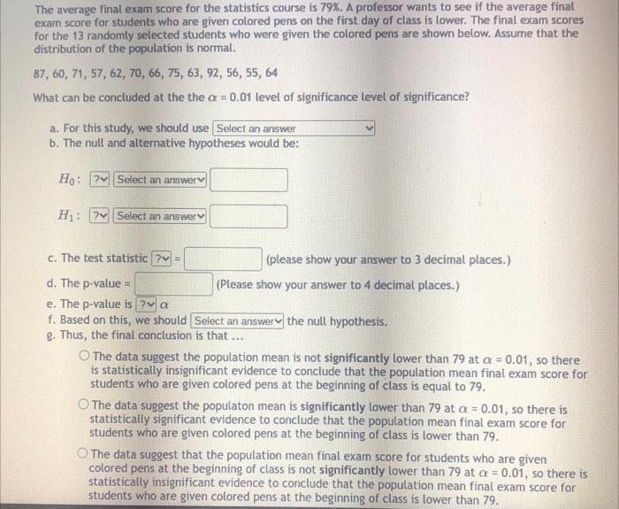 Solved The average final exam score for the statistics | Chegg.com