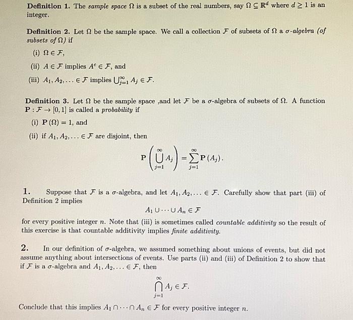 Solved Definition 1. The sample space is a subset of the | Chegg.com
