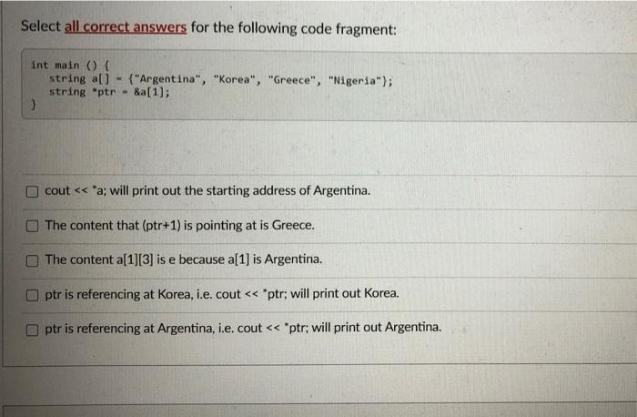 Solved Select all correct answers for the following code | Chegg.com