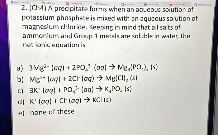 Solved A precipitate forms when an aqueous solution of | Chegg.com