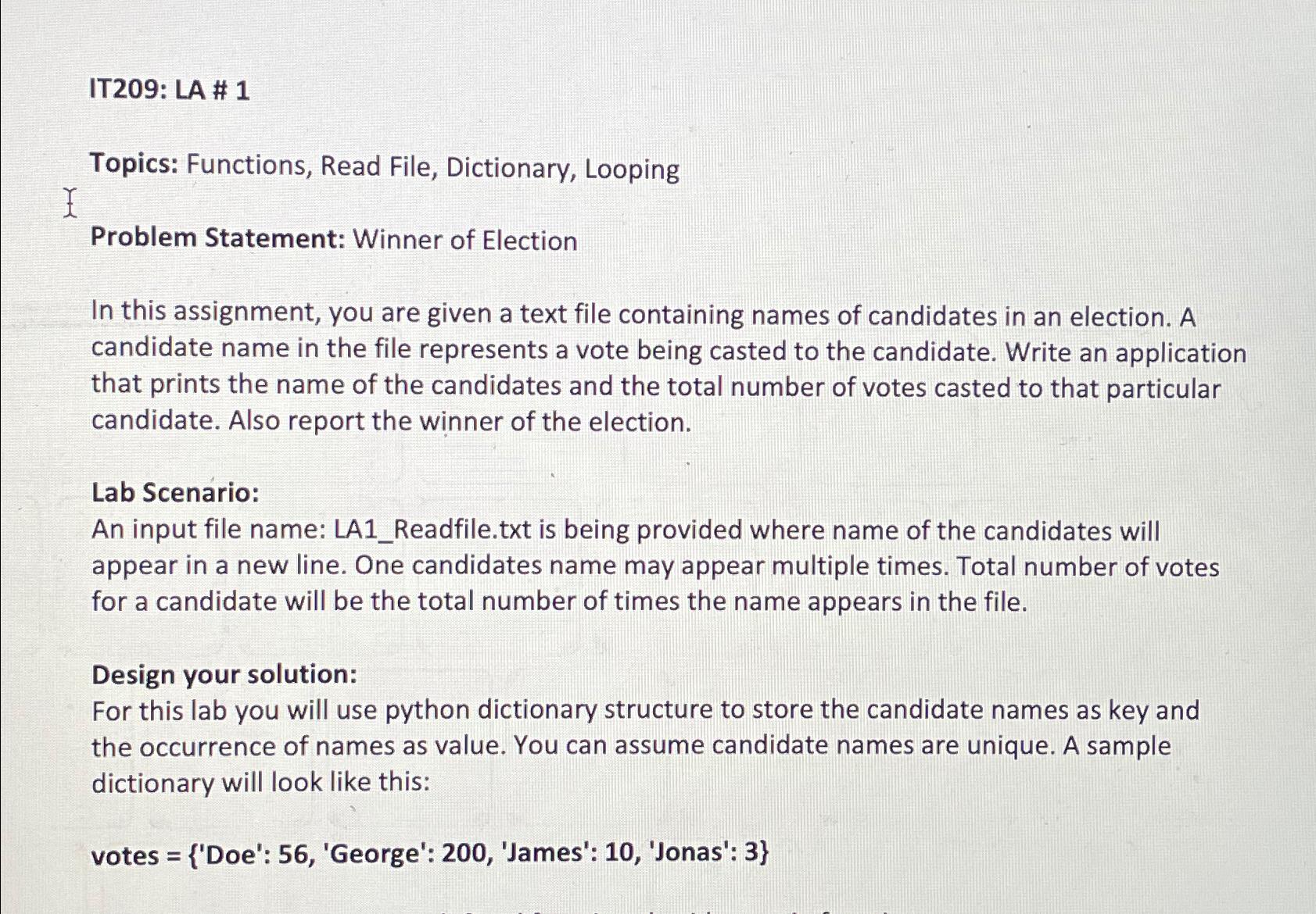 Solved IT209: LA # 1Topics: Functions, Read File, | Chegg.com
