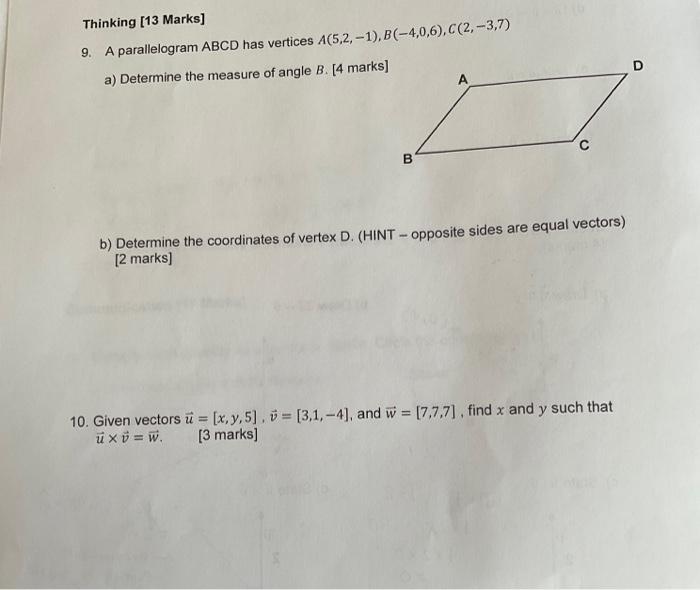Solved 9. A parallelogram ABCD has vertices | Chegg.com
